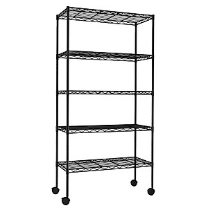 YYkokocat 5-Tier Wire Shelves 61" H x 30" x 14" Metal Storage Shelves Adjustable Wire Shelving Rack with Wheels & Leveling Feet NSF Metal Shelf Unit for Kitchen Pantry, 1200Lb Capacity, Black