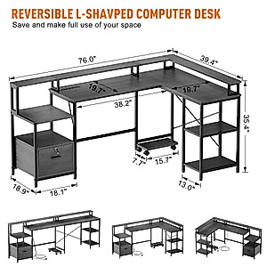 IDEALHOUSE L Shaped Desk - 76" Reversible L Shaped Computer Desk with File Drawer, Office Desk with Power Outlet, L Shaped Gaming Desk with Monitor Shelf, Corner Desk for Home Office, Grey Oak