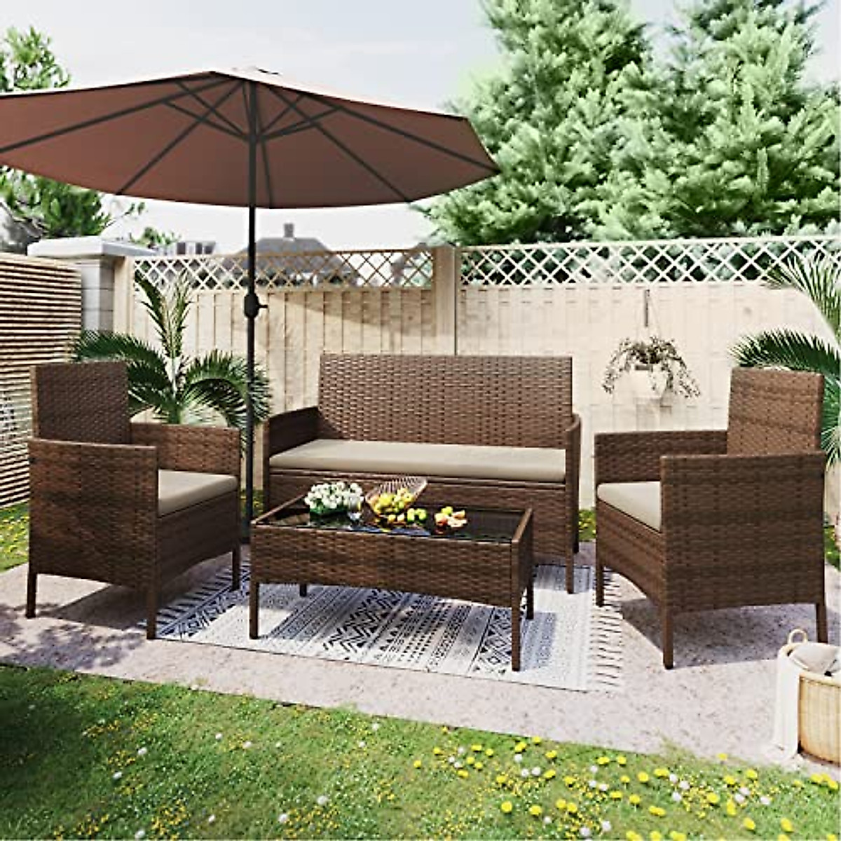 Greesum Patio Furniture 4 Pieces Conversation Sets, Brown and Beige & Nourison Aloha Indoor/Outdoor Green 3'6" x 5'6" Area-Rug, (3x5)