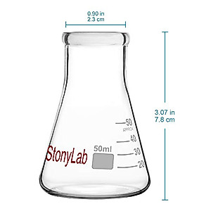 stonylab 1-Pack Glass 50 ml Heavy Wall Narrow Mouth Erlenmeyer Flasks with Heavy Duty Rim - (50ml Fits with StonyLab 4# Rubber Stopper)