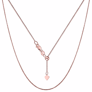 Jewelry Affairs 14k Rose Solid Real Gold Adjustable Box Chain Necklace, 0.7mm, 22"