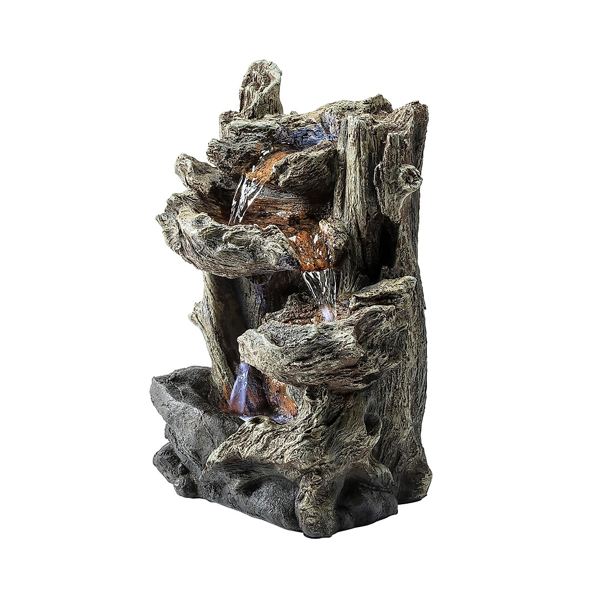 Alpine Corporation 14" Tall Indoor/Outdoor Tiered Log Tabletop Fountain with LED Lights, Beige