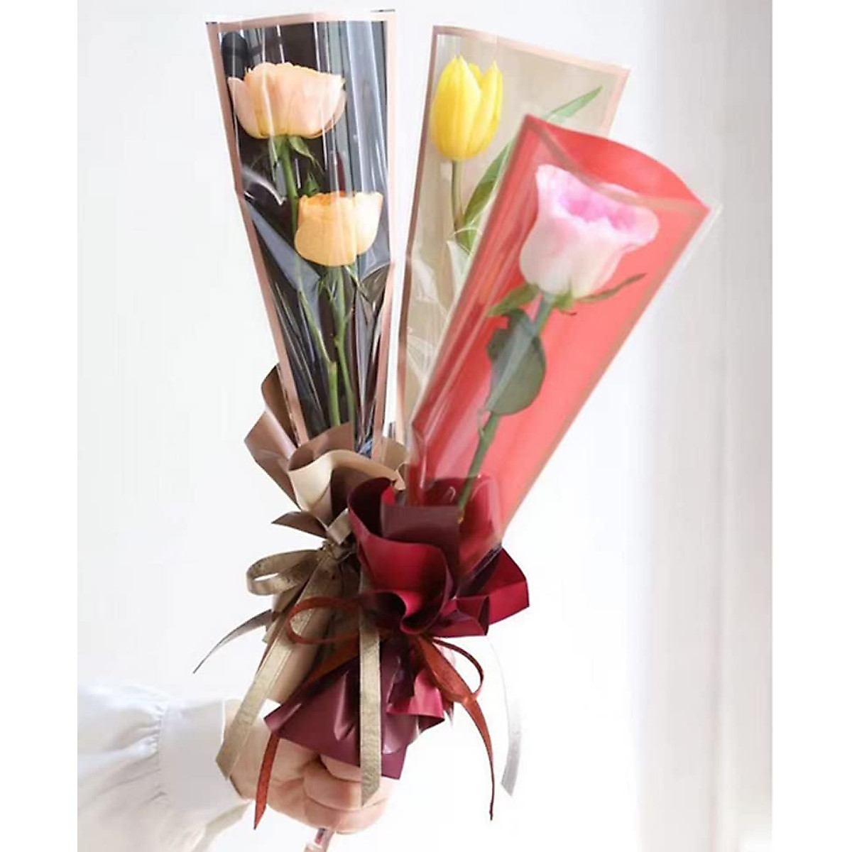 100 Pcs Clear Gold Edge Rose Packaging Bag Single Rose Packaging Bag, Waterproof Floral Wrapping Paper (black)