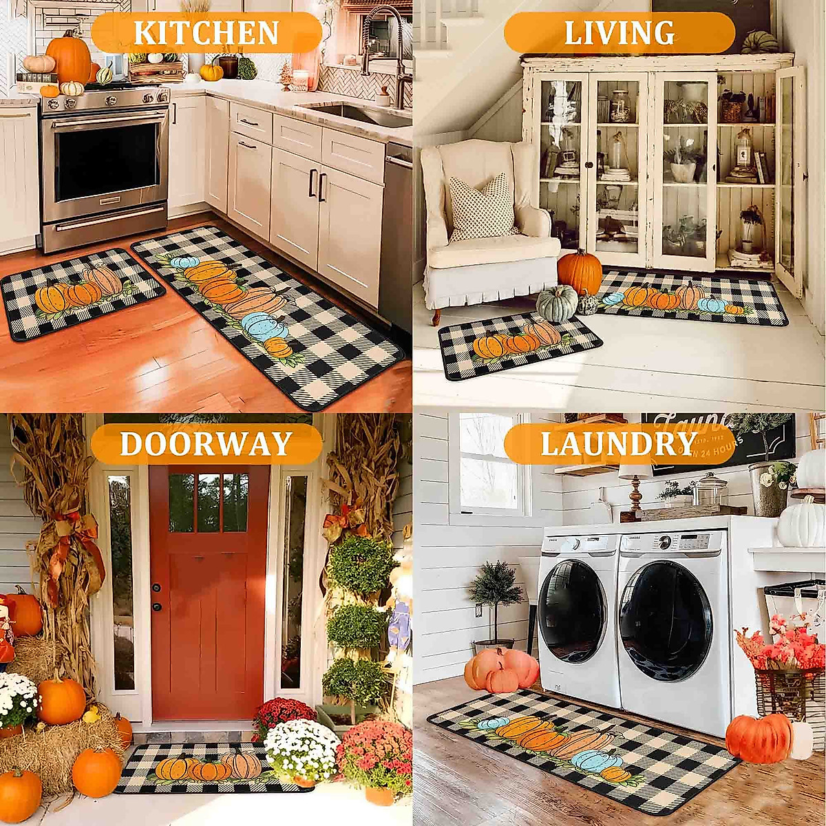 Buffalo Plaid Pumpkin Fall Decorative Kitchen Rugs Set of 2,Non Skid Washable, Home Seasonal Fall Holiday Party Autumn Harvest Thanksgiving Kitchen Mat 17"x47"+17"x30"
