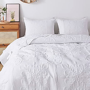 Damask Quilt Queen Size Bedding Sets with Pillow Shams, Boho Lightweight Soft Bedspread Coverlet, White Quilted Blanket Thin Comforter Bed Cover for All Season Spring Summer, 3 Pieces, 90x90 inches