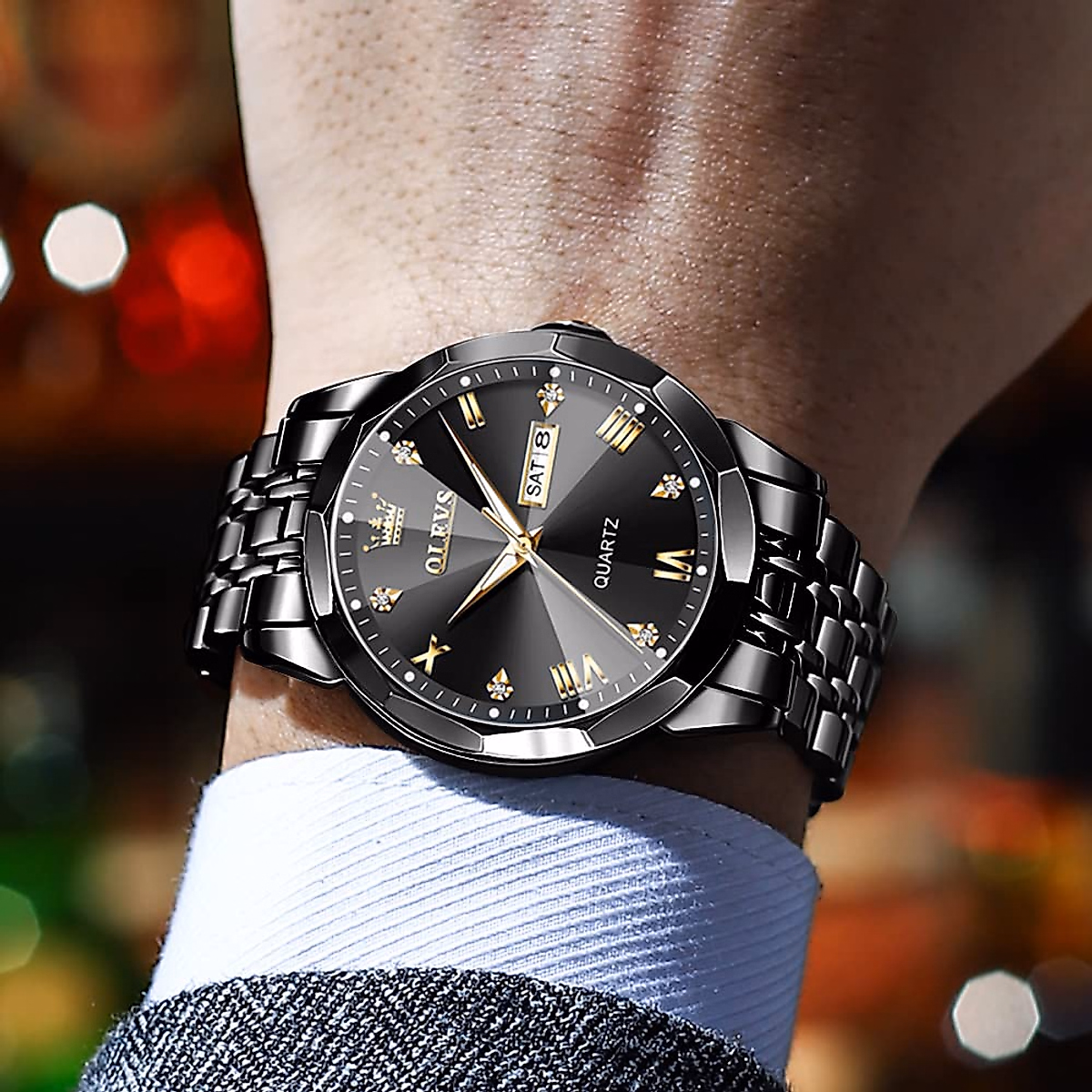 OLEVS Watch for Men Diamond Business Dress Analog Quartz Stainless Steel Waterproof Luminous Date Two Tone Luxury Casual Wrist Watch Black