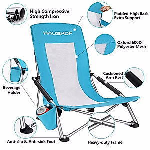 HAUSHOF High Back Beach Chair, Mesh Back Folding Chair and VILLEY 4-Person Easy Pop Up Tent, Waterproof Automatic Setup Instant Lightweight Camping Beach Tent