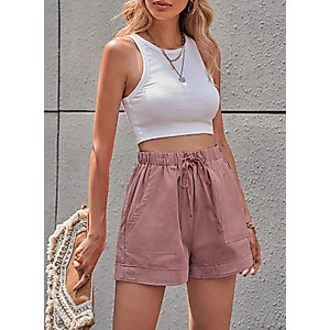 CILKOO Womens Casual Solid Drawstring Solid Elastic Waist Comfy Cotton Linen Shorts Beach Linen Shorts Pants Pockets Pink US8-10 Medium