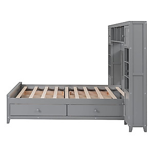 Harper & Bright Designs Full Storage Bed with Bookcase Headboard, Full Size Platform Bed with 4 Storage Drawers, Solid Wood Full Bed Frame with Cabinet and Shelf, No Box Spring Needed (Gray)