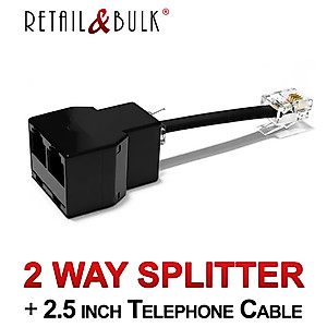 RetailAndBulk Phone Jack Splitter for Landline Telephone RJ11 6P4C 2 WAY Adapter (1 Splitter + 2.5 Inch Cable)