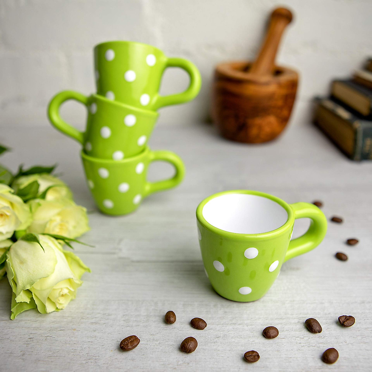 City to Cottage Handmade Lime Green and White Polka Dot Ceramic 2oz/60ml | Espresso Cup Set of 4, Unique Designer Pottery for Coffee Lovers