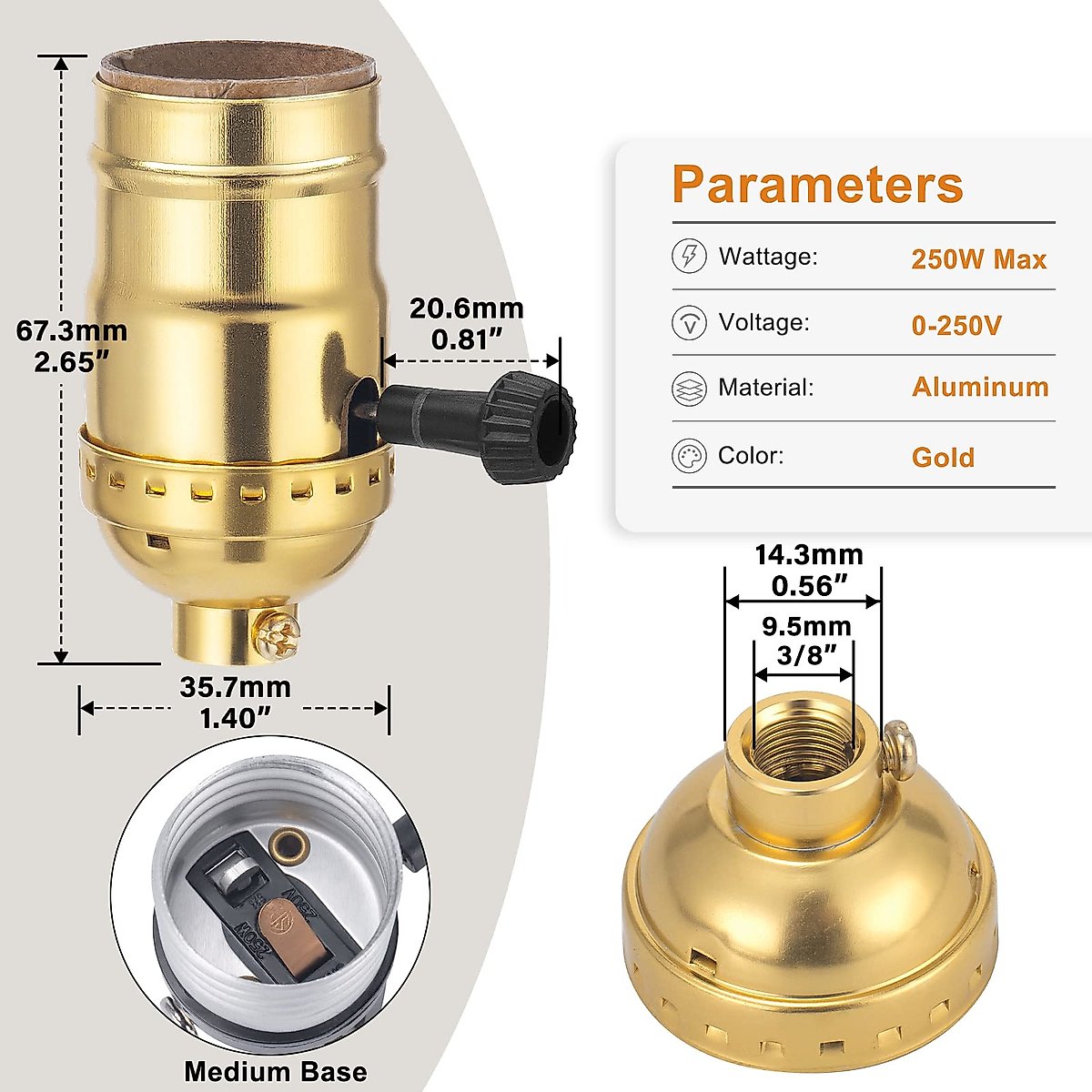 DiCUNO UL Listed 3-Way Lamp Socket Replacement, E26 Standard Threaded Base Light Socket, Turn Switch Knob for Low-Medium-High Light Settings, DIY Project, Table, Floor Lamp Repair Kit, 1-Pack, (Gold)