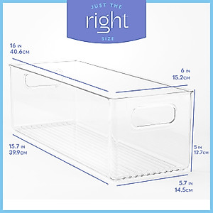 Plastic Food Storage 2 Pack Clear Container Bin with Handles for Organizing Kitchen, Pantry, Refrigerator, Freezer, Pantry, Cabinet, Closet, Bathroom. 16”x6”x5”