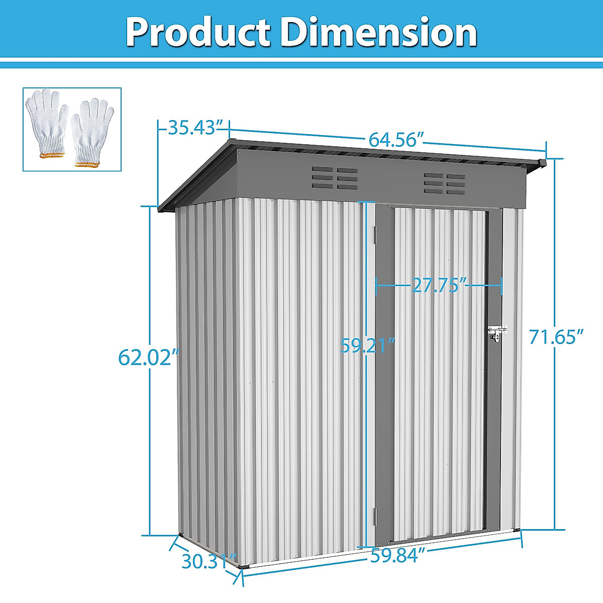 Jintop 5X3 FT Outdoor Storage Shed with Pent Roof and 2 Punched Vents,Galvanized Metal Garden Sheds w/Lockable Doors,Hinged Door & Padlock,for Patio Lawn Backyard Trash Cans Tool,White+Grey