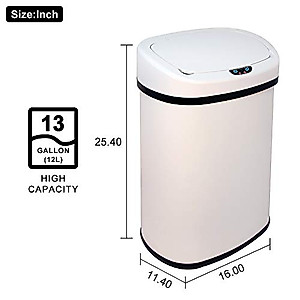 13 Gallon Touch Free Automatic Stainless Steel Trash Can Garbage Can Metal Trash Bin with Lid for Kitchen Living Room Office Bathroom, Electronic Motion Sensor Automatic Trash Can White