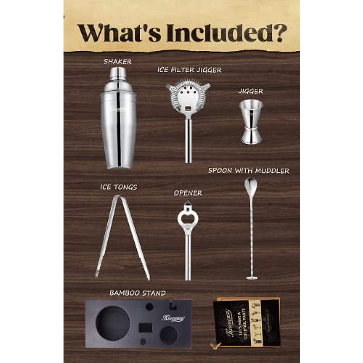 KITESSENSU 6-Piece Bar Set Cocktail Shaker Set - Mixology Bartender Kit with Stand - Silver Bar Kit for Drink Mixing - Bar Tools: Martini Shaker, Jigger, Strainer, Bar Spoon, Tongs, Opener