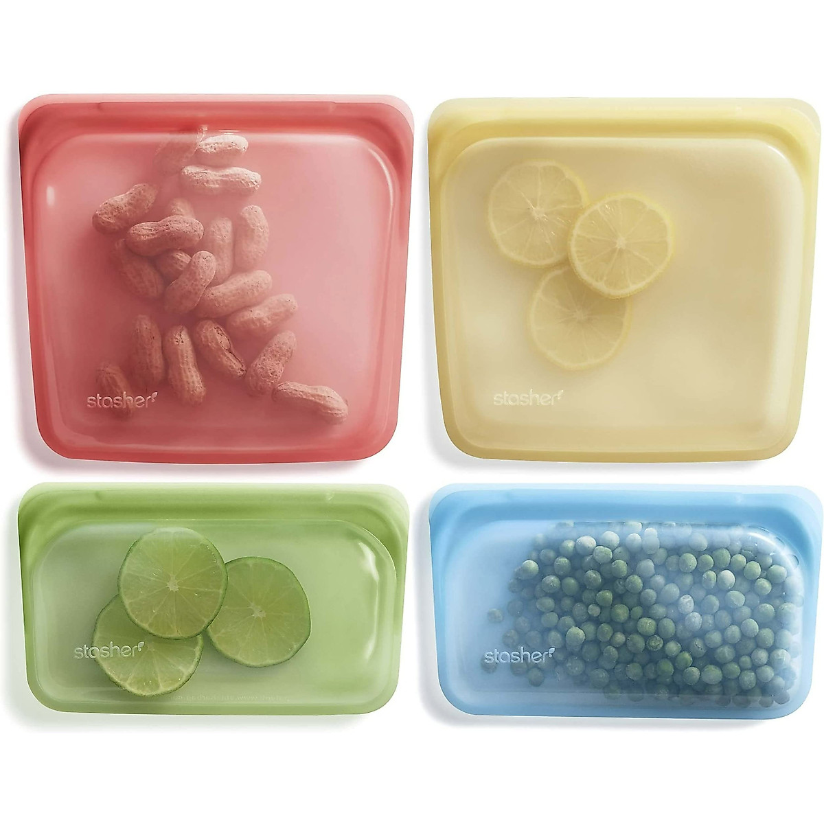 Stasher Silicone Reusable Storage Bag, 4-Pack Lunch/Travel (Classic Rainbow) | Food Meal Prep Storage Container | Lunch, Travel, Makeup, Gym Bag | Freezer, Oven, Microwave, Dishwasher Safe, Leakproof