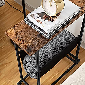 HOOBRO Side Table with Magazine Holder Sling, Narrow End Table, Industrial Slim Nightstand for Small Spaces, Wood Look Accent Table with Metal Frame, Easy Assembly, Rustic Brown and Black BF81BZ01