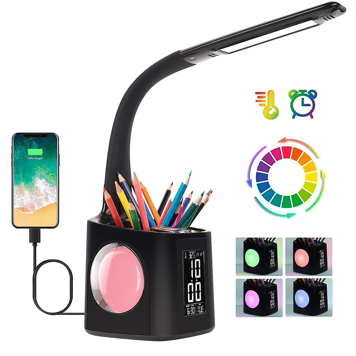 wanjiaone LED Desk Lamp with Clock,Color Changing Nightlight,Study Lamp with Pen Holder,Desk Light with USB Charger,Table Light for Home,Office,Gift for Kids,Students,Women,Black