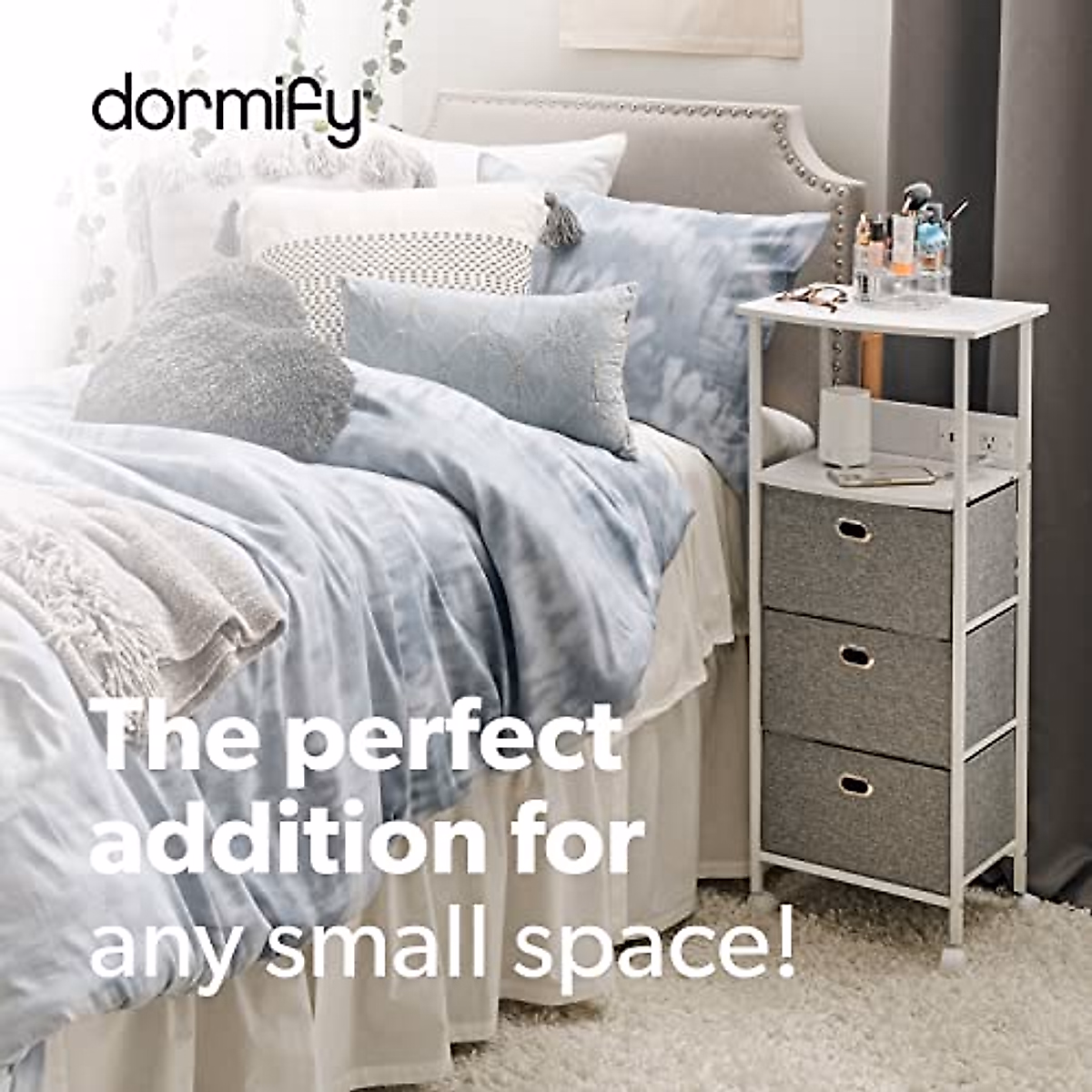 Dormify Storage Drawers Organizer on Wheels with Charging Station and USB Ports, Fabric Drawers for Clothes Storage Tower, Nightstand with Drawer Tower Organizer | Tall Skinny Dresser Closet | White