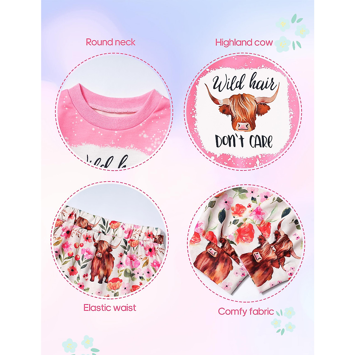 ADIFUN Baby Girl Clothes 18-24 Months Girl Clothing Fall Winter Outfits Wild Hair Don't Care Highland Cow Pink Sweatshirt Flower Pants Western Cowgirl Outfit