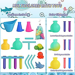 Gifts2U Bath Toy for Kids Age 4-8, 25PCS Color Changing Silicone Water Lab Suction Bath Toy Set for Toddlers, Bathtub Play Stem Buiding Toys with Mesh Storage Bag