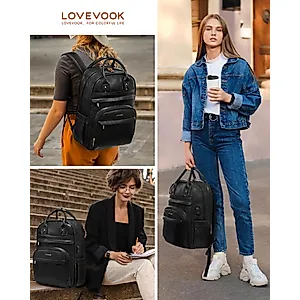 LOVEVOOK Leather Backpack for Women 15.6 Inch, Vintage Laptop Backpack with USB, Spacious Work Backpack Fits Business Office Travel College Black