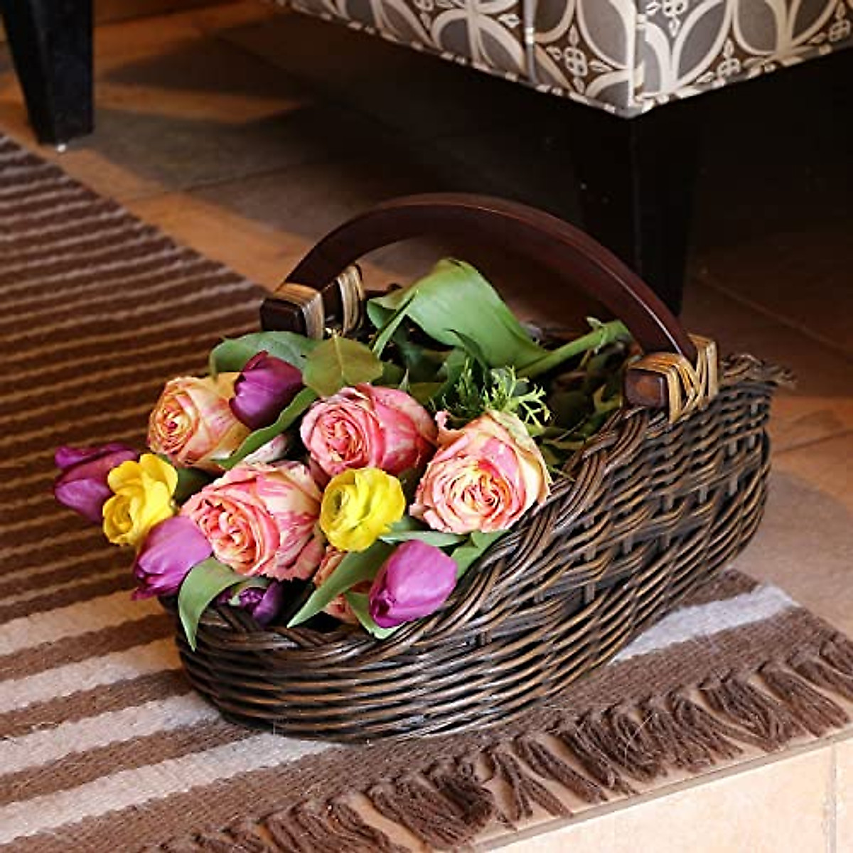 The Basket Lady Wicker Gathering Basket, Large, 22.5 in L x 12.5 in W x 12 in H, Antique Walnut Brown (Sold Individually)
