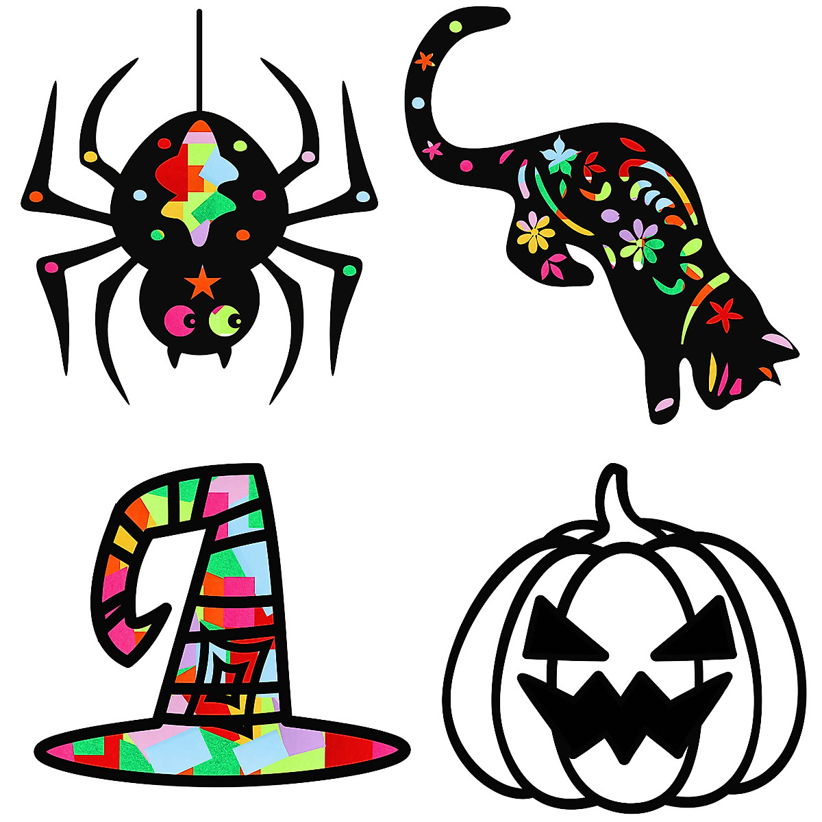 Outus 12 Pieces Halloween Stained Glass Effect Paper Double-Sided Black Suncatcher Kit Pumpkin Suncatchers Craft with 30 Pieces Colored Paper for Window Classroom Art Craft Party Favors, 6 Styles