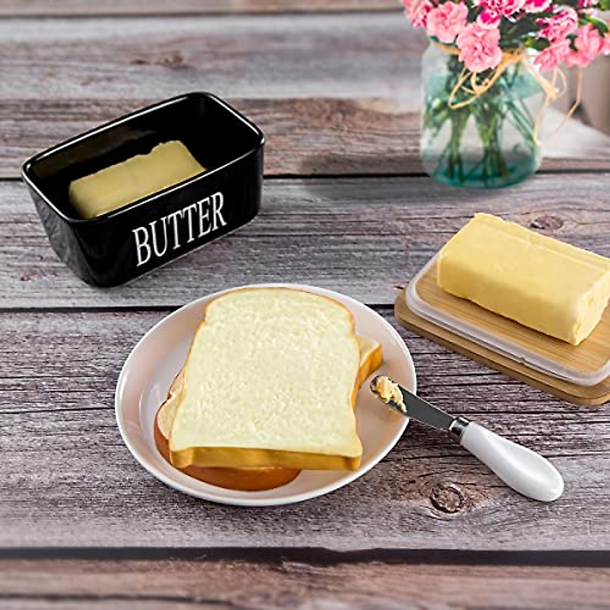 Hasense Butter Dish with Bamboo Lid and Knife, Large Butter Keeper Container for Counter, Airtight Butter Holder with Cover for Kitchen,Black