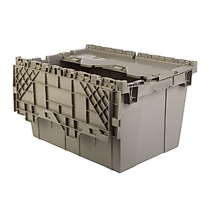 Hudson Exchange 21.9 x 15.2 x 12.8” (1 Pack) Storage Tote Distribution Container with Hinged Attached Lid, Gray/Brown