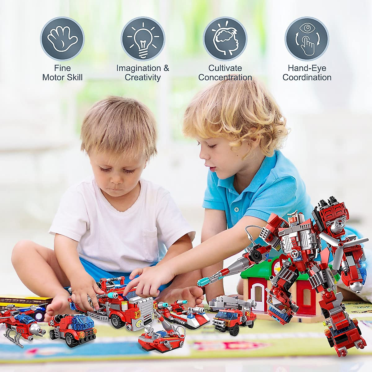 REMOKING Building Toys, STEM 9-in-1 Fire Truck Robot Building Block Model Kit Toy, Learning Educational 642 Pcs Building Bricks Gifts for Kids Boys Girls Ages 6 7 8 9 10 11 12 Years Old
