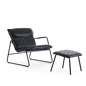 Tiophome Accent Chair and Ottoman Set, PU Leather Upholstered Comfy Side Leisure Lounge Armchair with Metal Frame & Lattice Back, Footstool for Living Room, Black, Extra Large