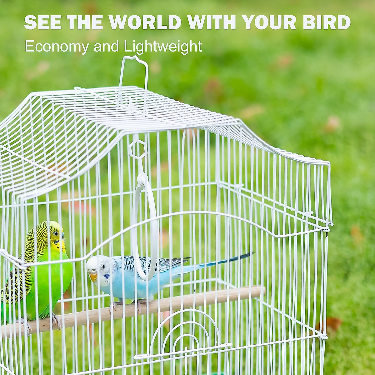 Kuzino Small Bird Travel Cage - Economy and Lightweight Small Birds Carrier Cages for Parakeets Lovebirds Parrotlets Finches Canaries with White Wire, Blue Plastic Base with Removable Tray