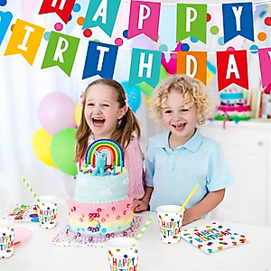 Happy Birthday Decorations: Happy Birthday Party Supplies Set with Birthday Dots Design- Includes Disposable Paper Birthday Plates and Napkins, Cups, Tablecloth, and Banner for Boys/Girls, Serves 25.