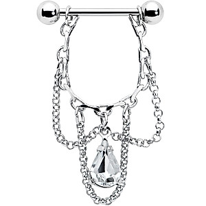 Body Candy Stainless Steel Clear Teardrop Chain Dangle Nipple Ring Set of 2 14 Gauge 5/8"