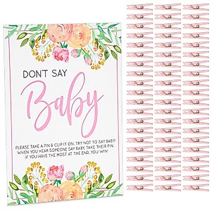 Sparkle and Bash Floral Baby Shower Clothespin Game For Girl, Don't Say Baby Theme with 60 Pink Clothes Pins and 8x10-Inch Sign