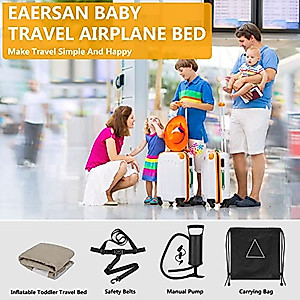 Eaersan Inflatable Toddler Airplane Bed Portable Toddler Travel Baby Bed for Airplane Car High Speed Rail Seat Infant Airplane Bed Included Inflatable Travel Bed Manual Pump Seat Belt and Travel Bag