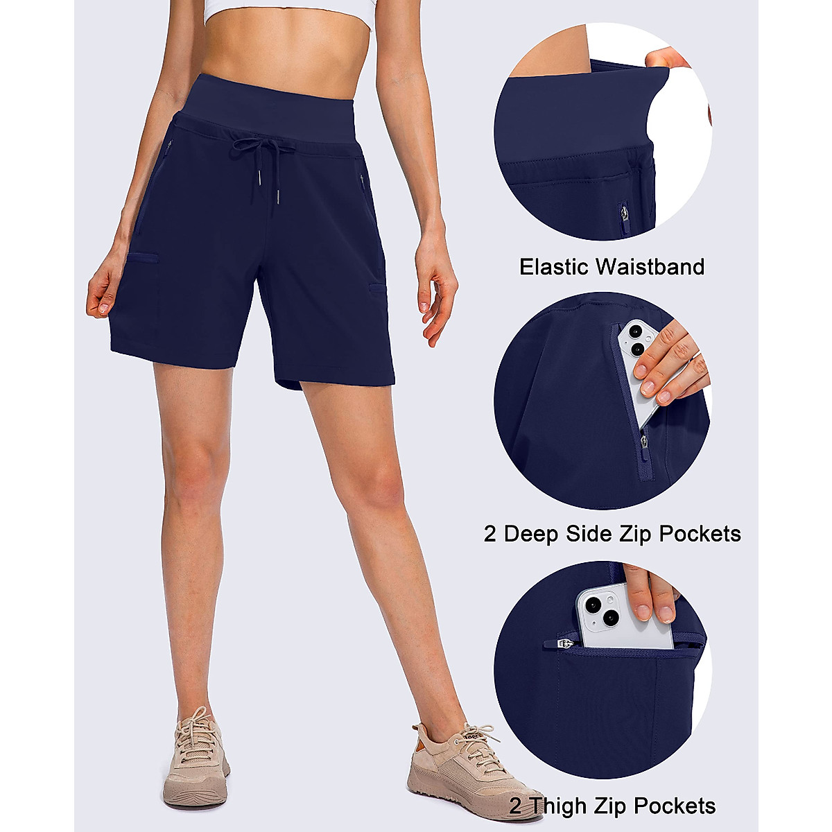 Obla Women's Hiking Cargo Shorts Zipper Pockets Soft High Waisted Quick Dry 7 Inch Long Shorts for Women Golf Athletic Summer (Navy_XL)