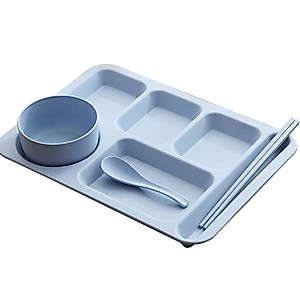 Cabilock Portion Control Plate Compartment Food Tray Set Divided Dinner Plate with Bowl Utensil Wheat Straw Separate Dinner Dish Restaurant Home Serving Food Plate Blue Plates Divided
