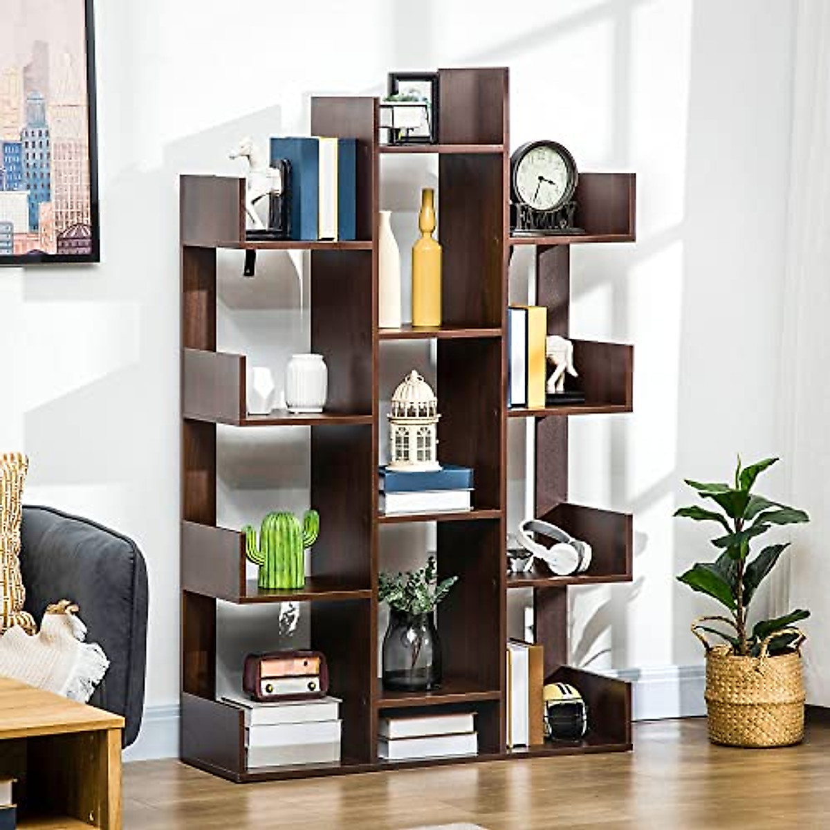 HOMCOM Tree Bookshelf, Modern Freestanding Bookcase with 13 Open Shelves, Display Unit for Living Room, Study or Office, Brown