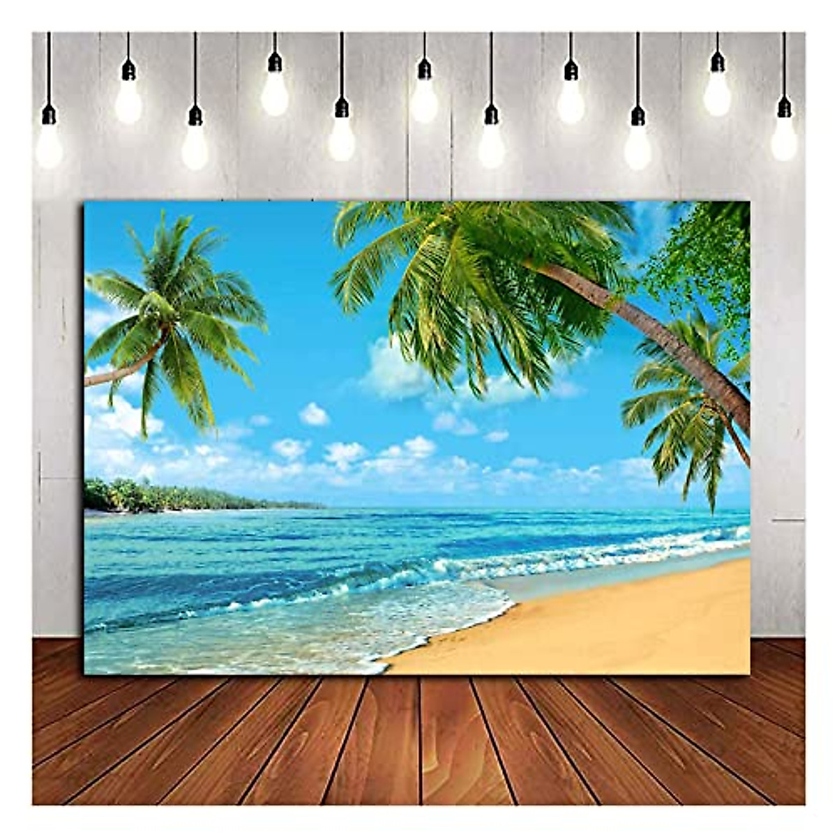 Summer Tropical Hawaii Palm Tree Or Beach Photography Backdrops 7X5FT Blue Sea Sky Sunshine Luau Party Photo Background Wedding Bride Shower Baby Birthday Party Banner Supplies Props Vinyl