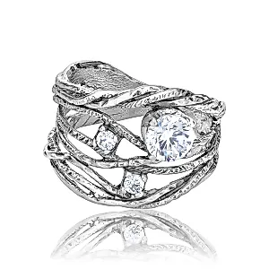 JEAN RACHEL JEWELRY 925 Sterling Silver Ring With White Round Clear Cubic Zirconia Prong Hypoallergenic Nickel and Lead-free Artisan Handcrafted Designer Collection, Made in Israel