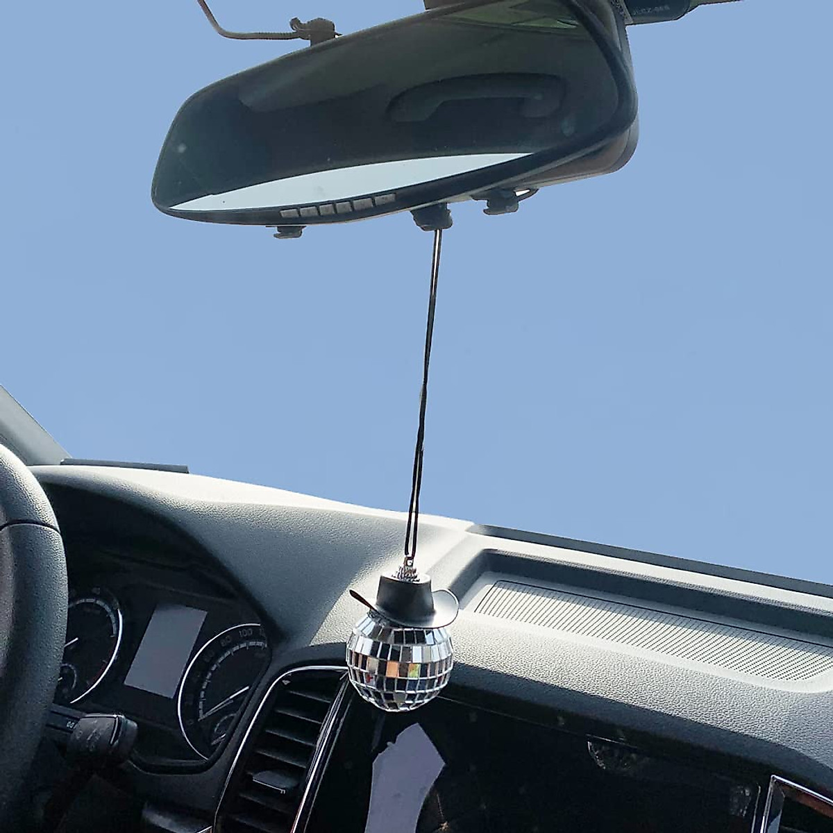 Disco Ball Car Rearview Mirror Pendant Car Hanging Mirror Ornament with Pink Cowboy Hat,Bling Wild West Disco Ball Car Accesory (Black)