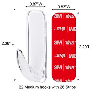 JulyWind Wall Hooks for Hanging Heavy Duty, Medium 22 Self Adhesive Wall Hooks with 26 Strips no Damage, Transparent Sticky Hooks for Key, Shower,Towel, Coat, Door, Hat