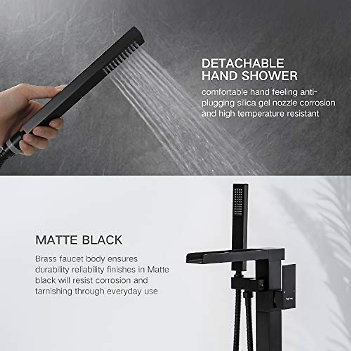 TapLong Freestanding Bathtub Faucet Tub Waterfall Filler Floor Mount Bathroom Faucets Brass Single Handle with Hand Shower High Flow Rate Max 6 GPM (Matte Black)