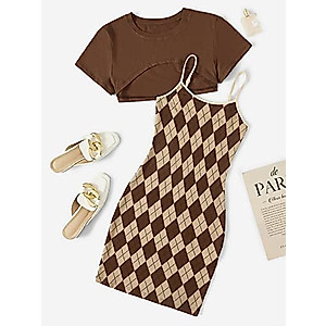 Verdusa Women's 2 Piece Outfit Argyle Print Bodycon Cami Dress with Crop Tee Top Brown S