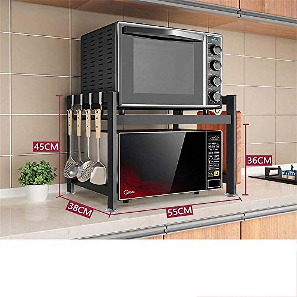 JF-XUAN Kitchen Shelf Kitchen Counter Holder 2-Tier Stainless Steel Microwave Oven Rack Multifunction Kitchen Counter Shelf (Color : Black, Size : 55X38X45CM)