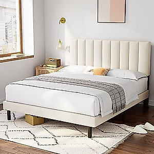 Molblly Full Size Bed Frame Velvet Upholstered Platform with Headboard and Strong Wooden Slats,Mattress Foundation,Non-Slip and Noise-Free,No Box Spring Needed, Easy Assembly,Light Beige