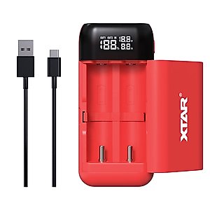 XTAR PB2S Type-C Dual-Role Fast Charger,Portable LCD Universal 18650 Battery Charger for 3.7V/3.6V Li-ion Rechargeable Battery 18650 18700 20700 21700 RED(No Battery)